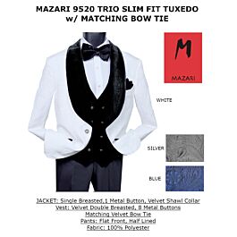 Mazari Men's Silver Slim Fit Vested Tuxedo Suit w/ Matching Bow Tie ...